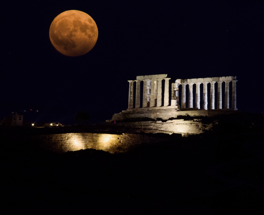 August Super Full Moon event over Temple of Poseidon, Greece - Sky ...